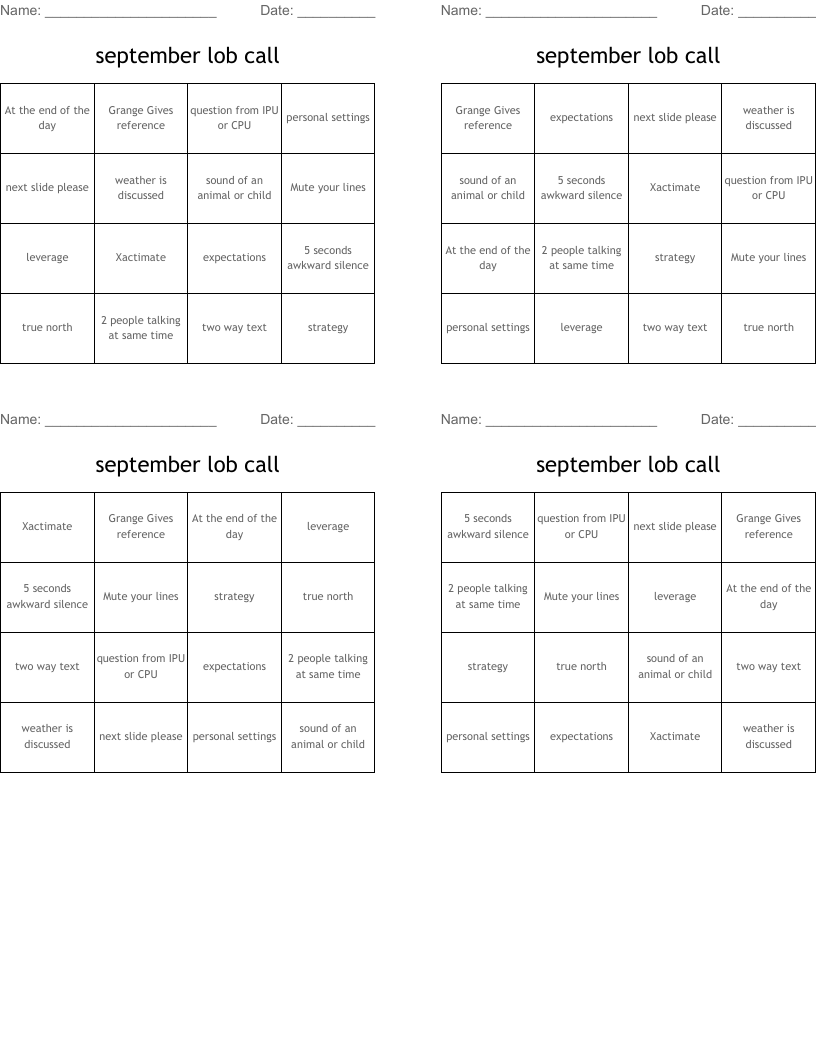 september lob call Bingo Cards - WordMint