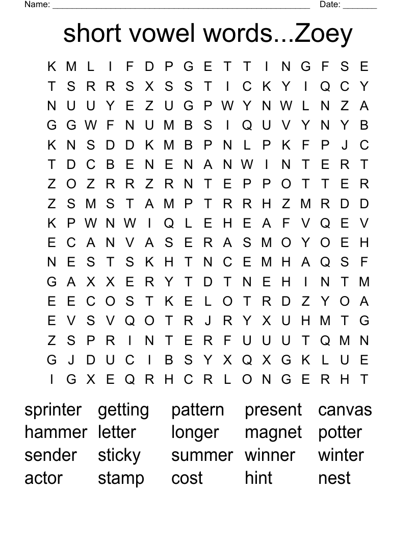 short vowel words...Zoey Word Search - WordMint
