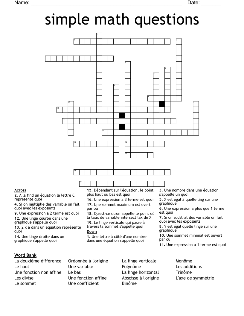 Simple Math Questions Crossword WordMint
