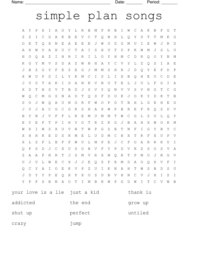 simple plan songs Word Search - WordMint