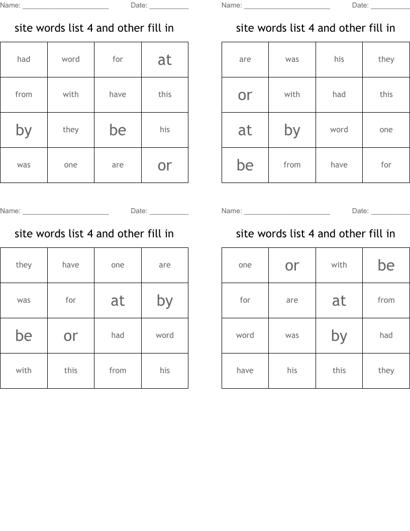 Site Words List 4 And Other Fill In Bingo Cards WordMint