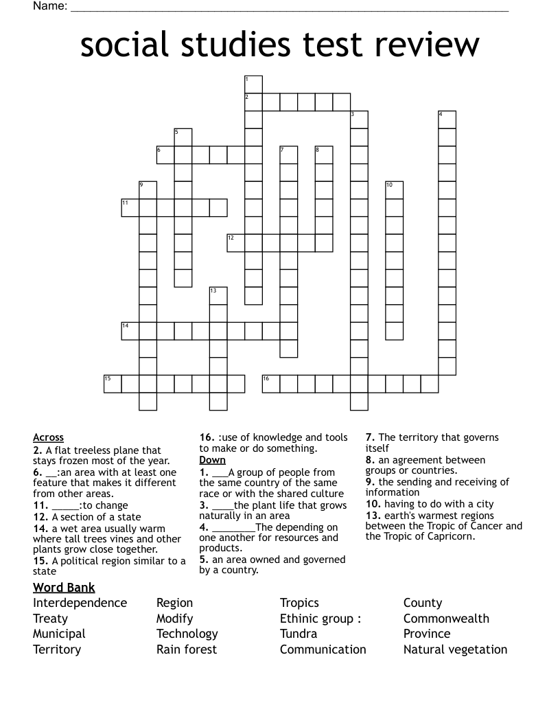 social studies test review Crossword - WordMint
