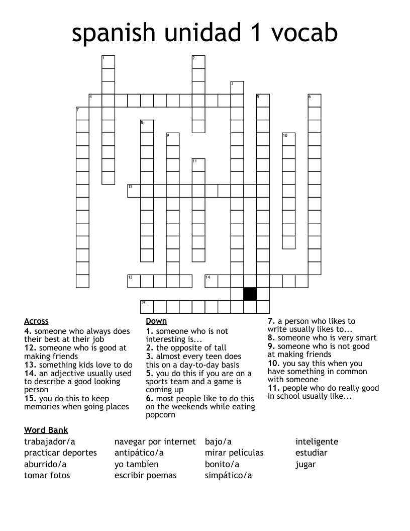 spanish unidad 1 vocab Crossword - WordMint