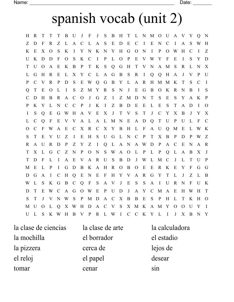 spanish vocab (unit 2) Word Search - WordMint