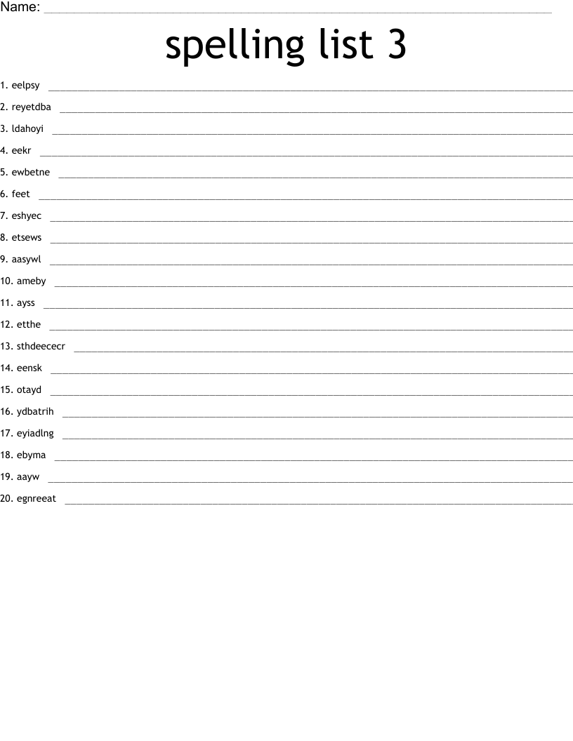 spelling list 3 Word Scramble - WordMint