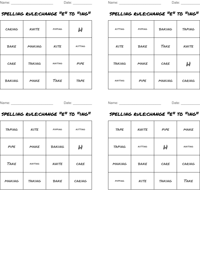 Spelling Rule change e To ing Bingo Cards WordMint