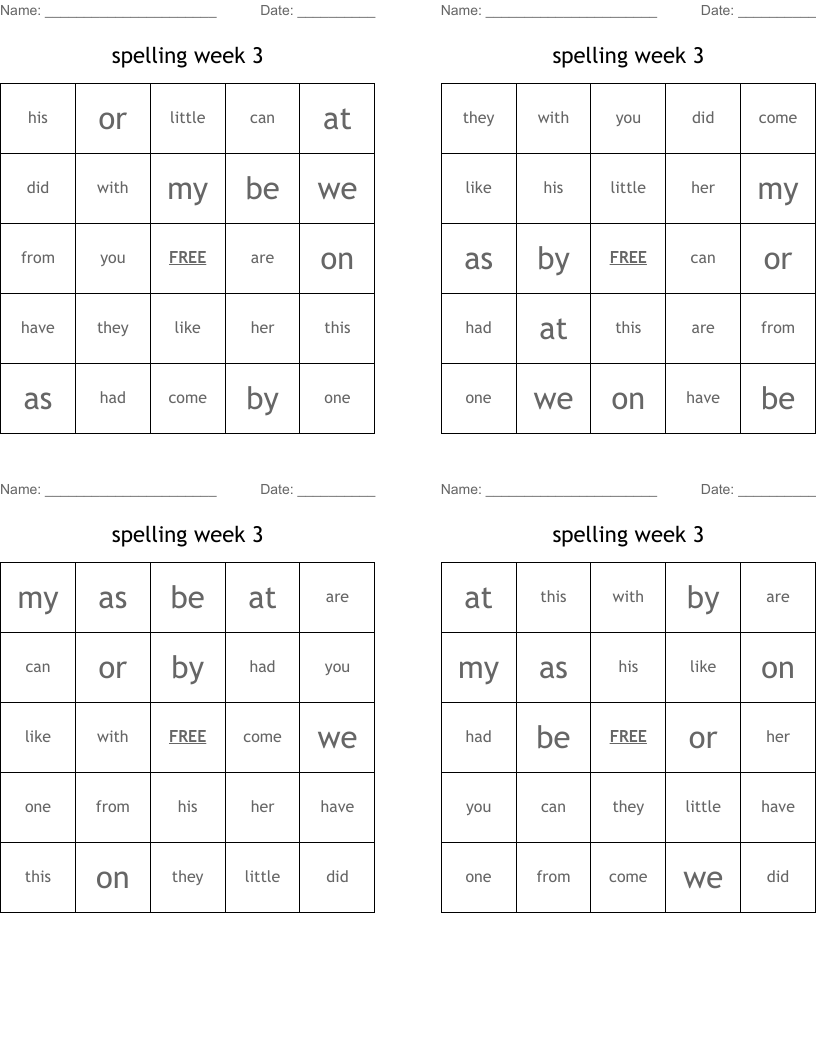 spelling week 3 Bingo Cards - WordMint