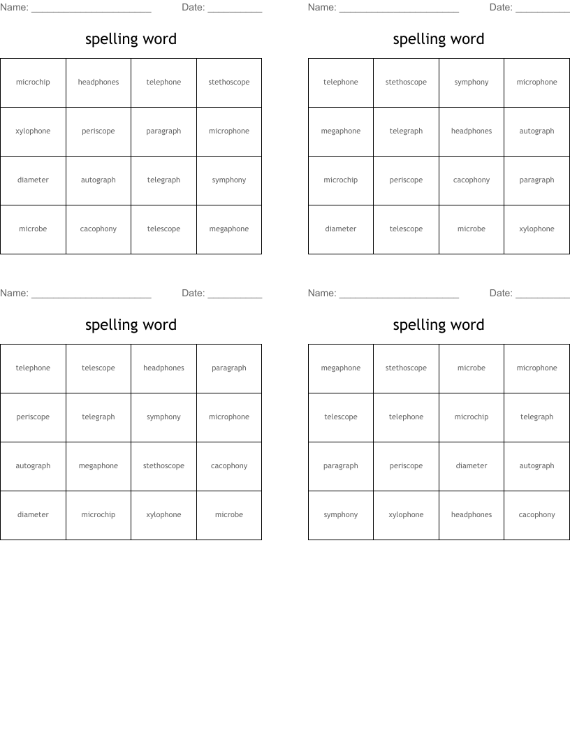 Spelling Word Bingo Cards WordMint