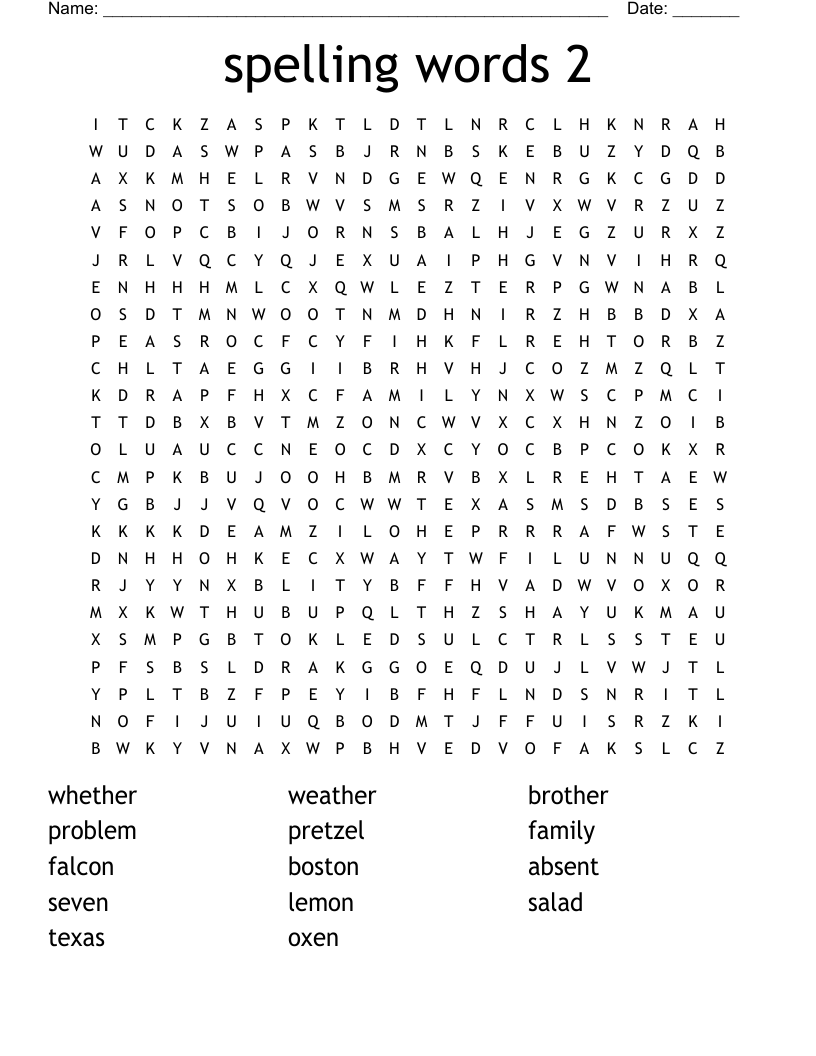 Spelling Words 2 Word Search WordMint