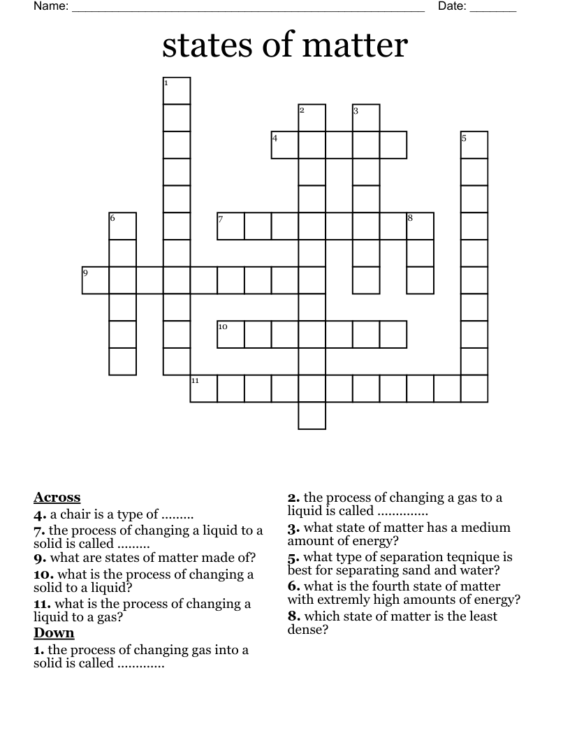 states of matter Crossword - WordMint