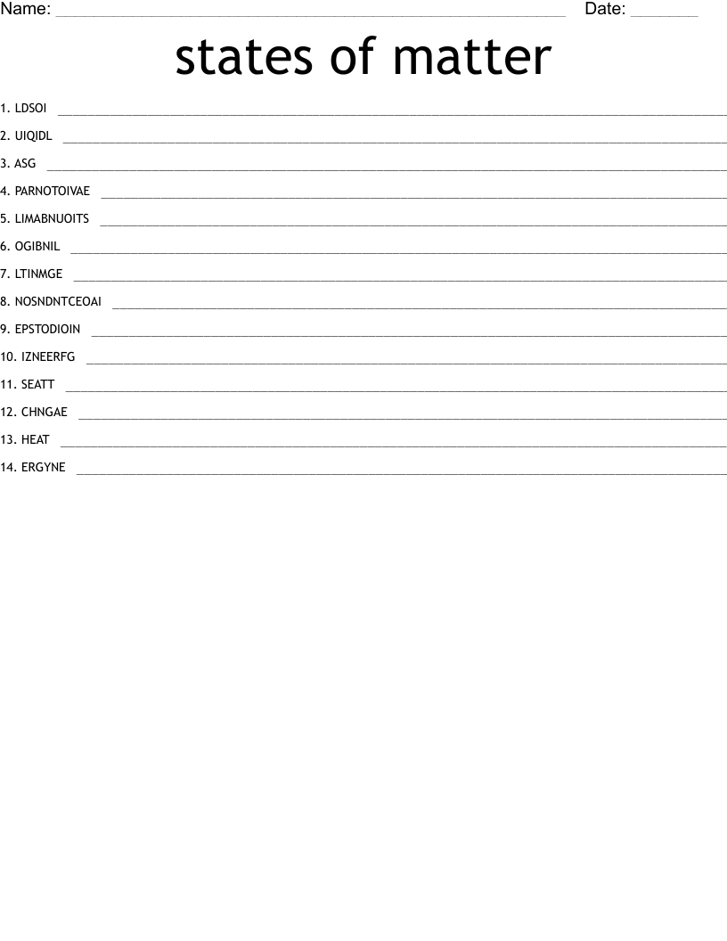 states of matter Word Scramble - WordMint