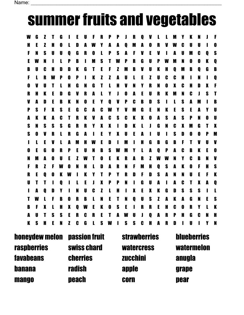 Summer Fruits And Vegetables Word Search WordMint