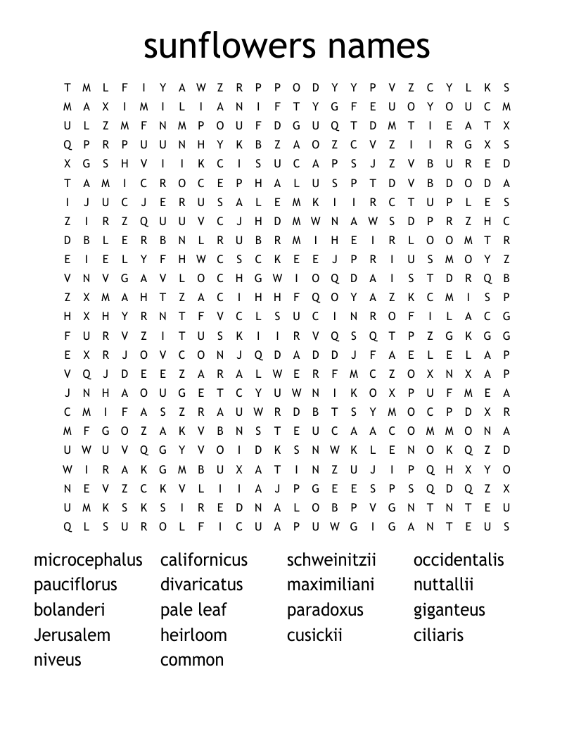 sunflowers names Word Search - WordMint