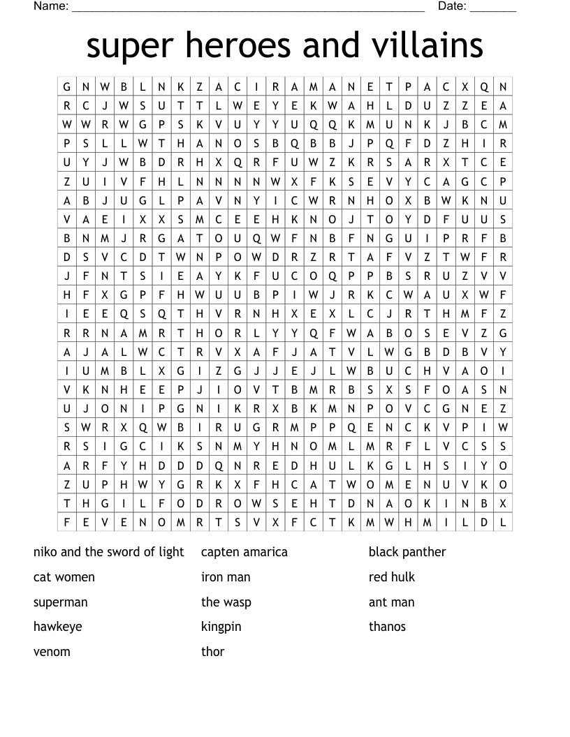super heroes and villains Word Search - WordMint