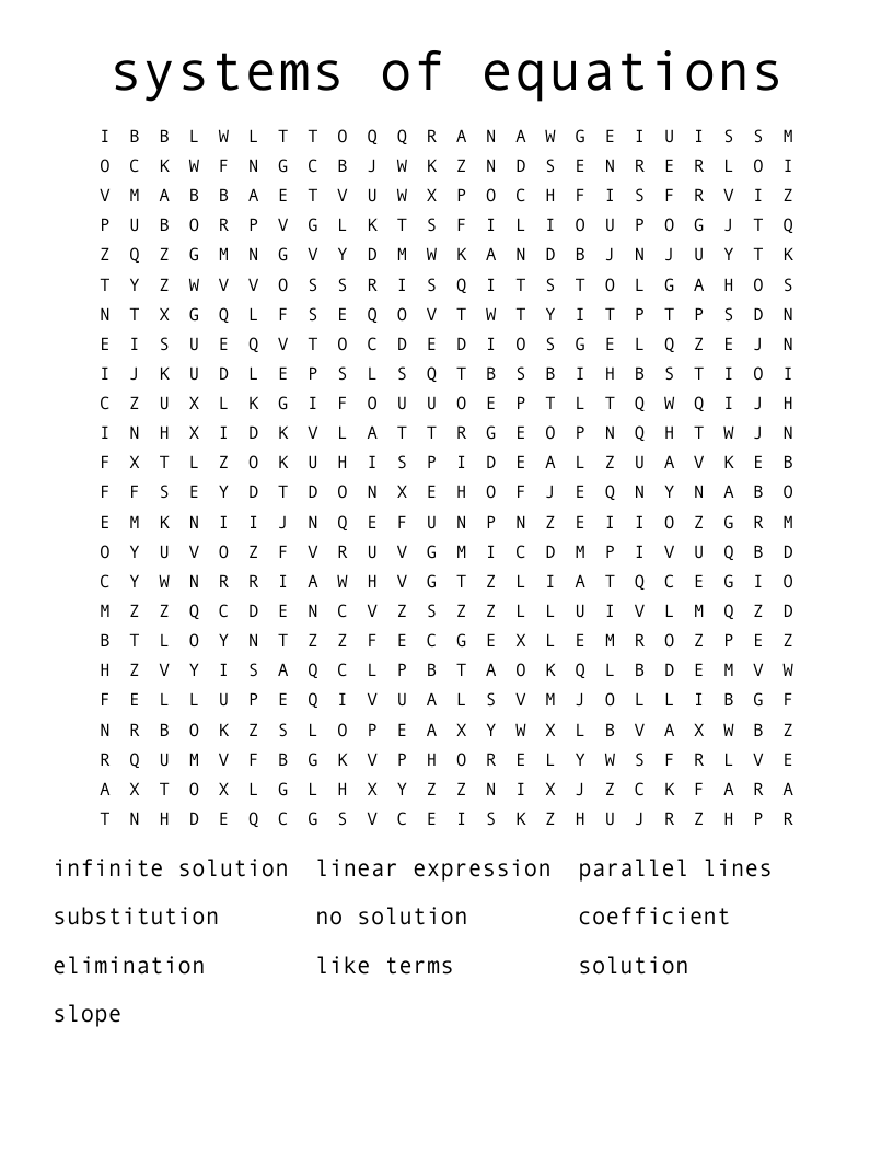 systems of equations Word Search - WordMint