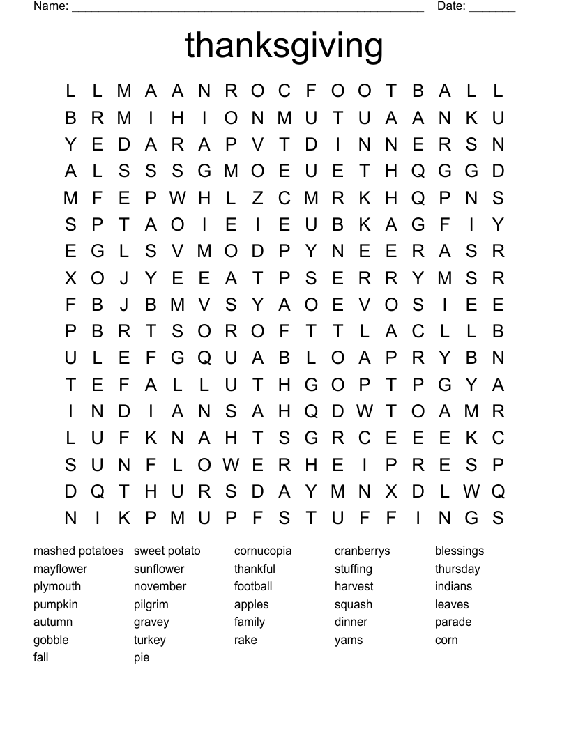 Thanksgiving Word Search WordMint