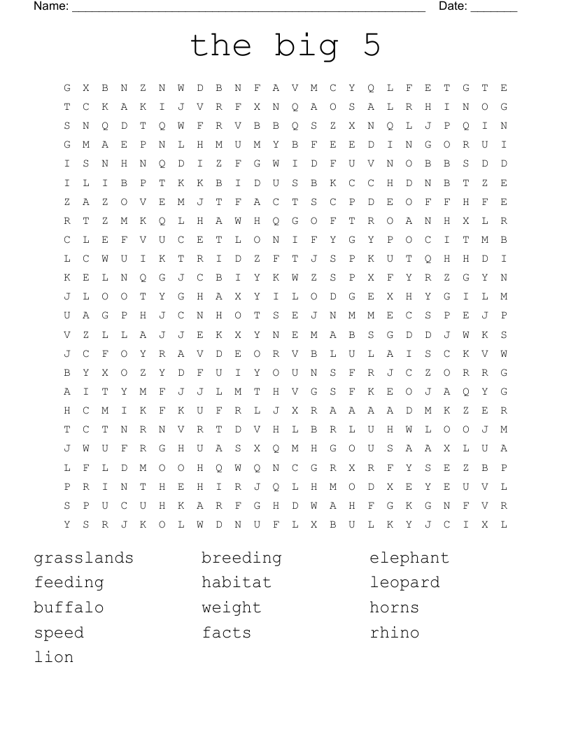 The Big 5 Word Search WordMint