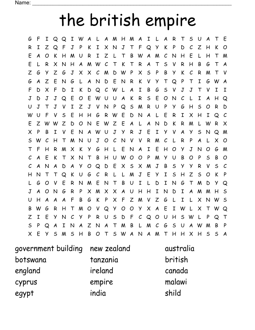 the british empire Word Search - WordMint