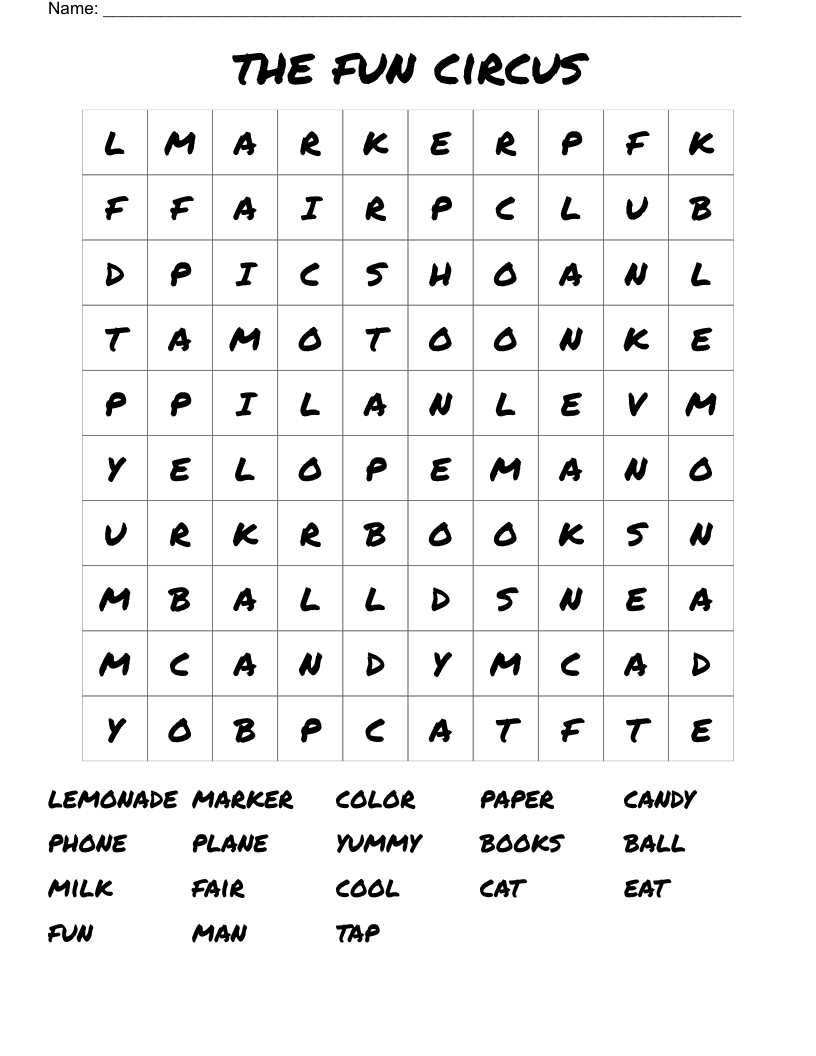 the fun circus Word Search - WordMint