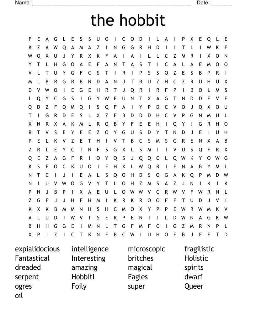 the hobbit Word Search - WordMint