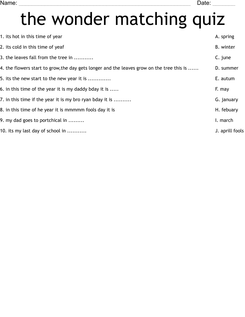 the wonder matching quiz Worksheet - WordMint