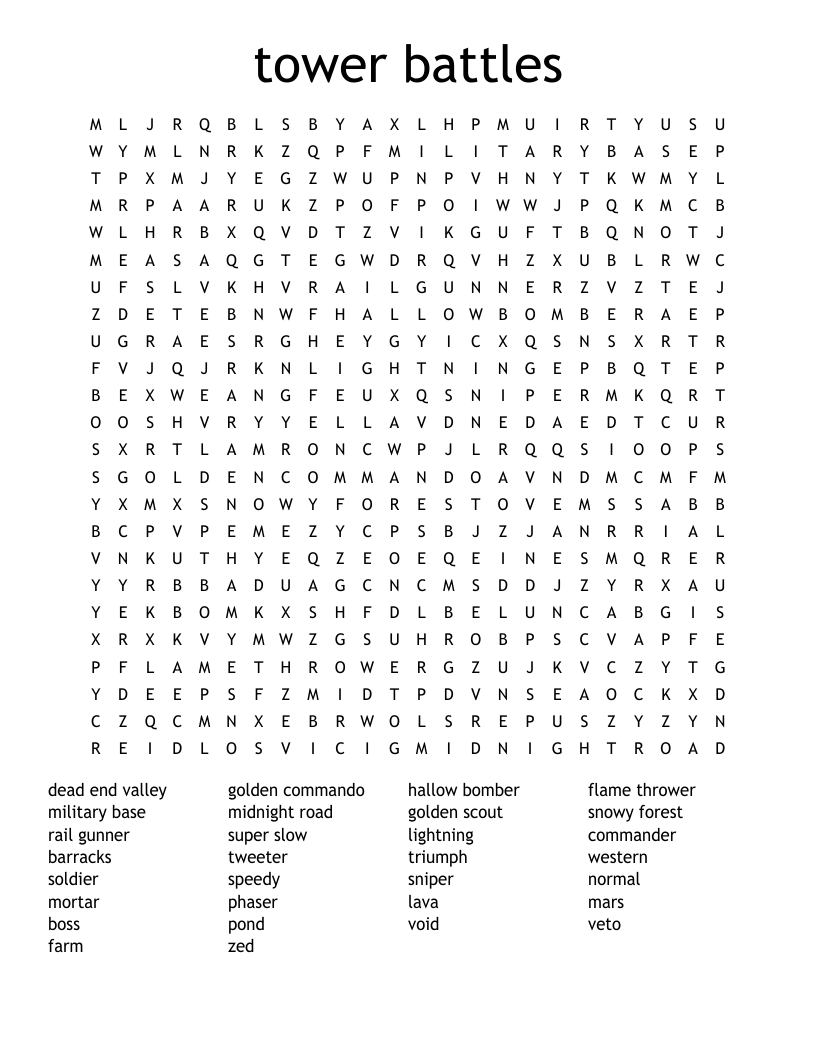 tower battles Word Search - WordMint