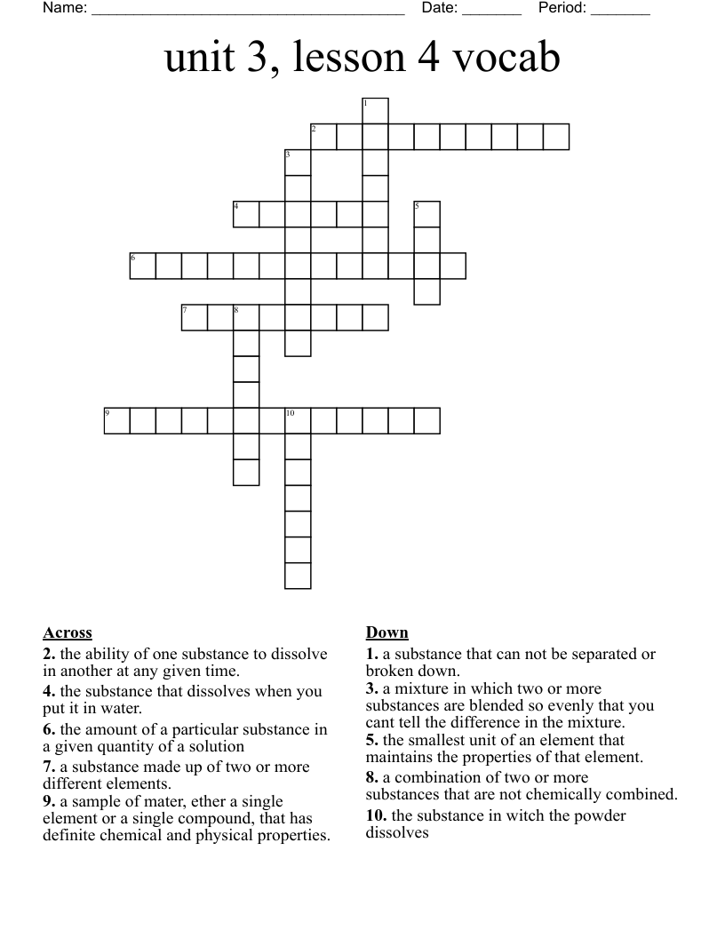 unit 3, lesson 4 vocab Crossword - WordMint