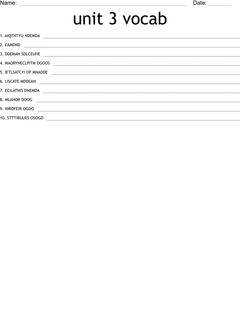 unit 3 vocab Word Scramble - WordMint