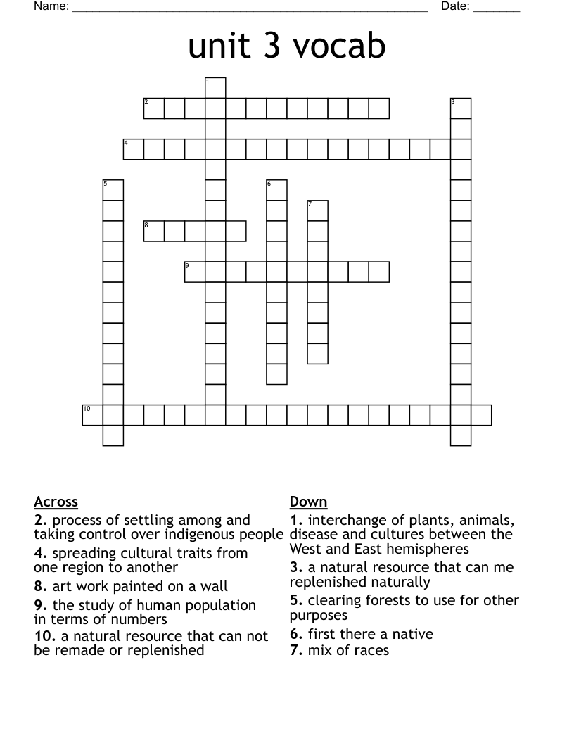 unit 3 vocab Crossword - WordMint