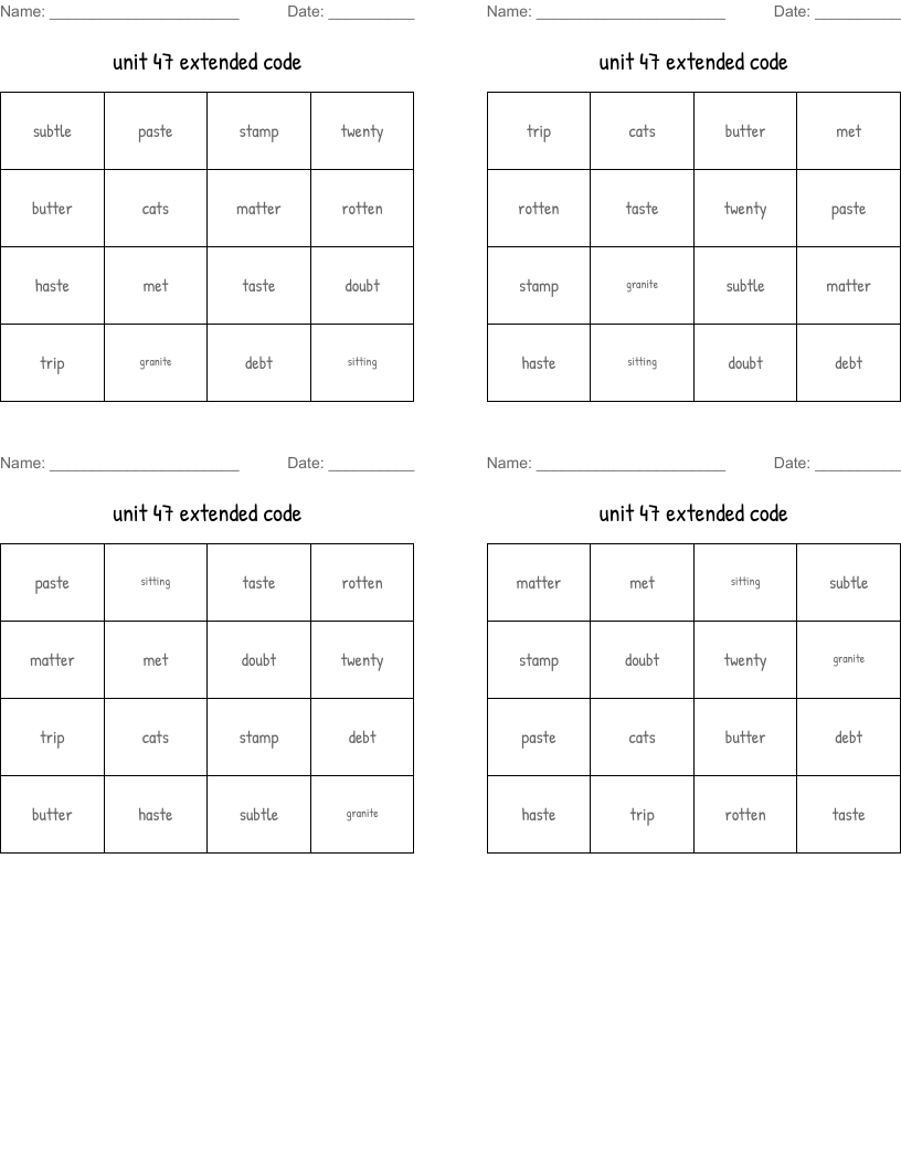 unit 47 extended code Bingo Cards - WordMint