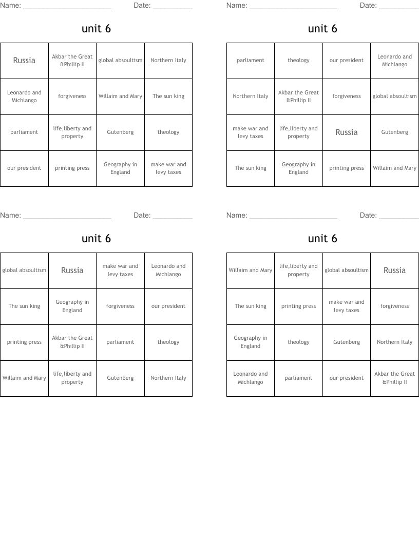unit 6 Bingo Cards - WordMint