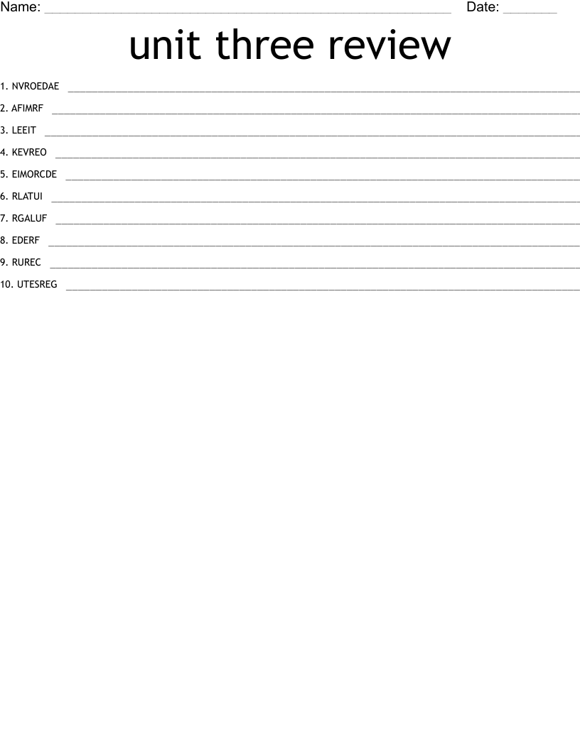 unit three review Word Scramble - WordMint