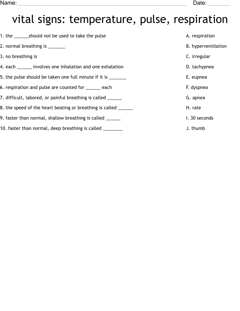 Vital Signs Temperature Pulse Respiration Worksheet WordMint
