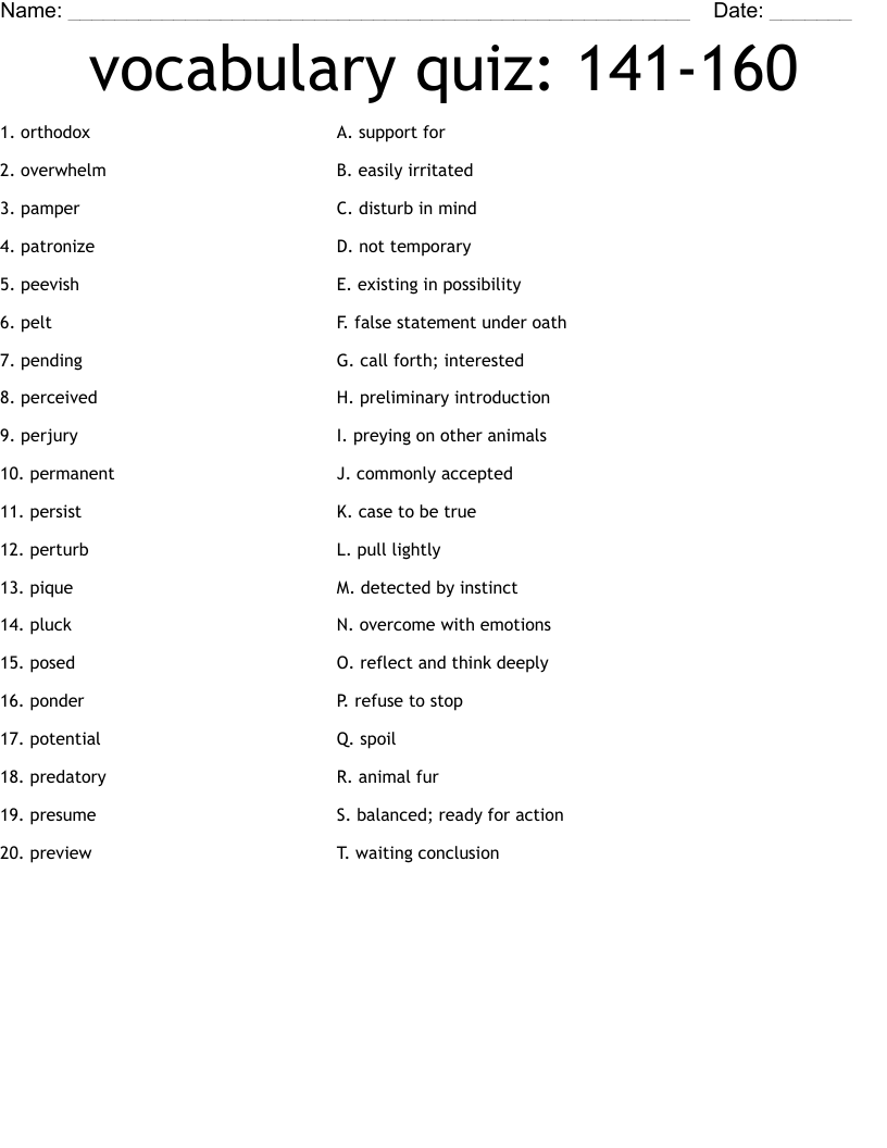 Vocabulary Quiz 141 160 Worksheet WordMint