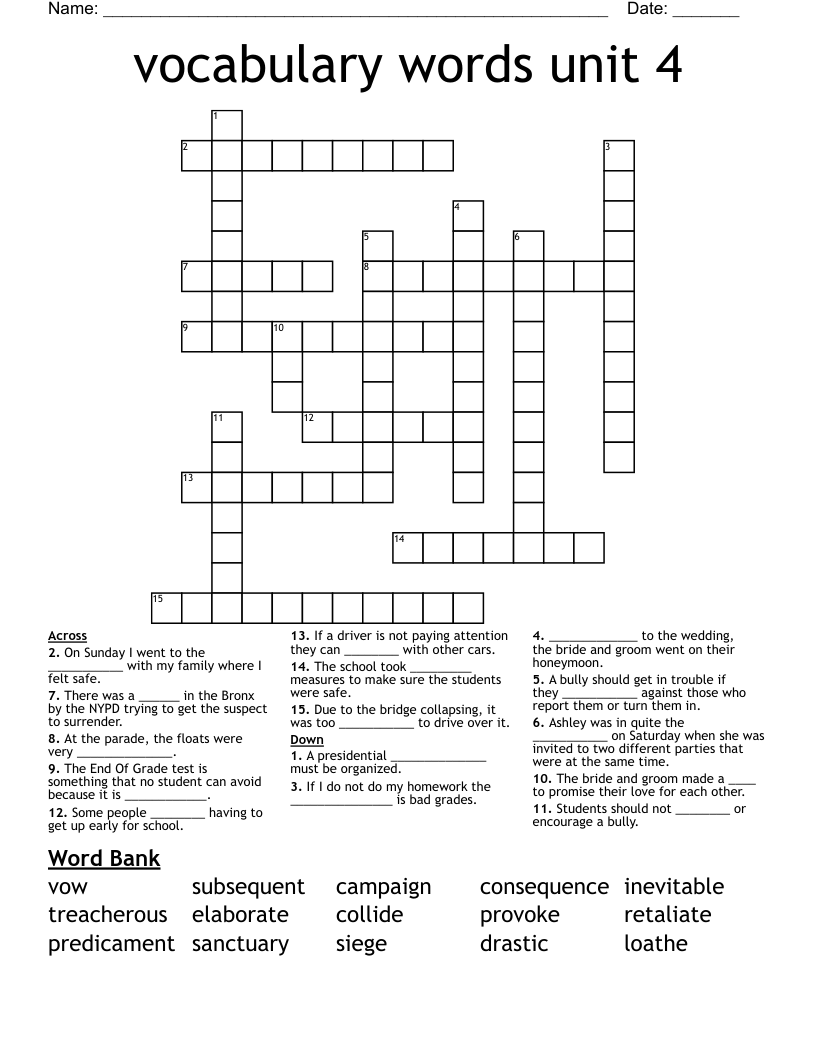 vocabulary words unit 4 Crossword - WordMint