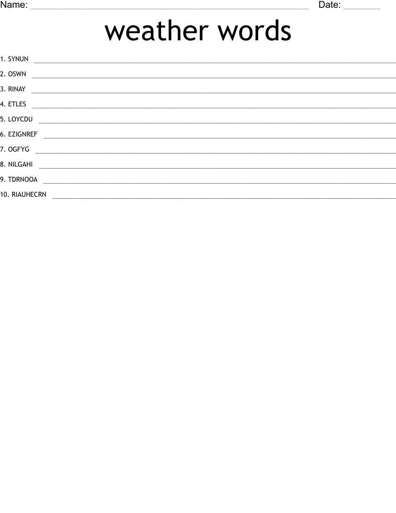 weather words Word Scramble - WordMint
