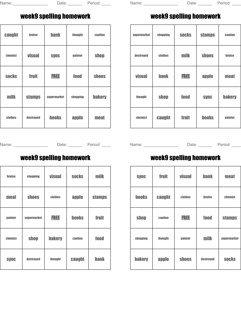 week9 spelling homework Bingo Cards - WordMint