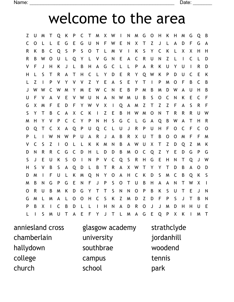 welcome to the area Word Search - WordMint