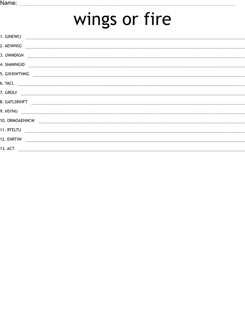 wings or fire Word Scramble - WordMint