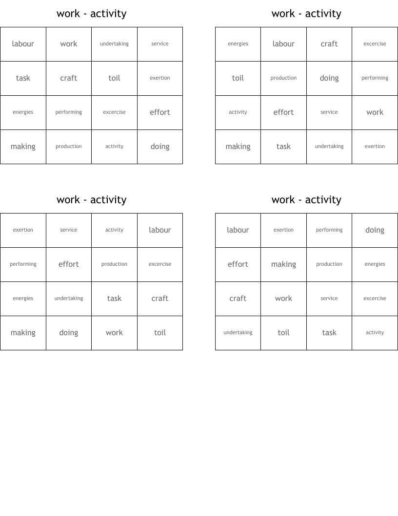 work - activity Bingo Cards - WordMint