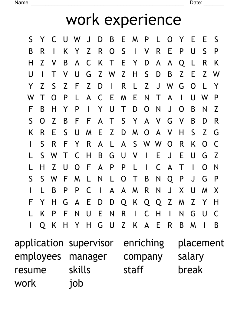 Work Experience Word Search WordMint