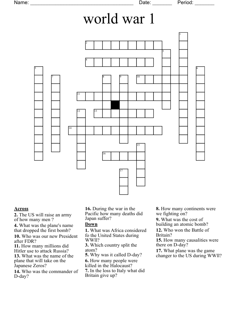 world war 1 Crossword - WordMint