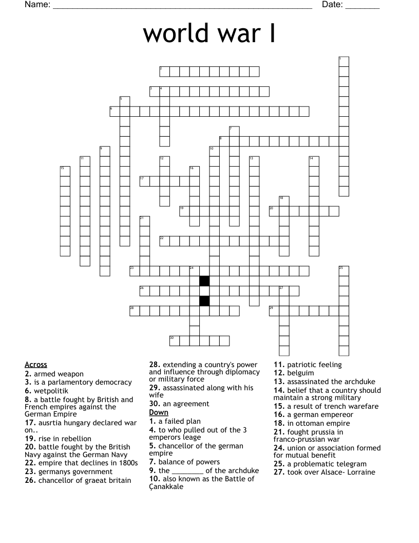 World War I Crossword WordMint