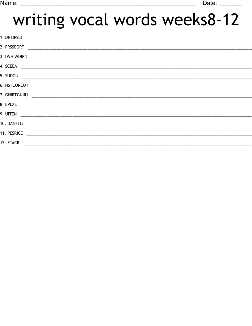 writing vocal words weeks8-12 Word Scramble - WordMint