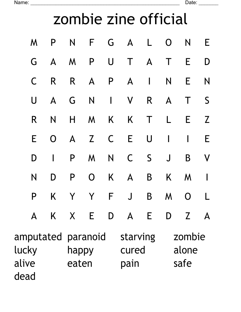 zombie zine official Word Search - WordMint