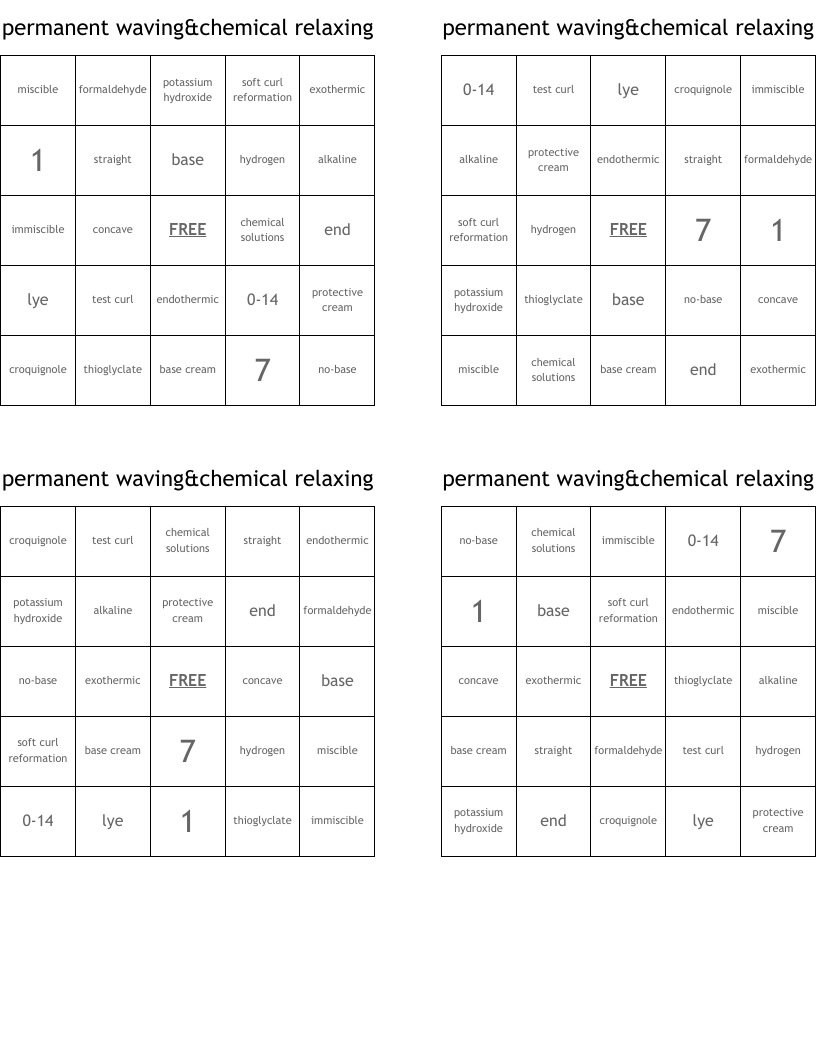 permanent waving&chemical relaxing Bingo Cards - WordMint