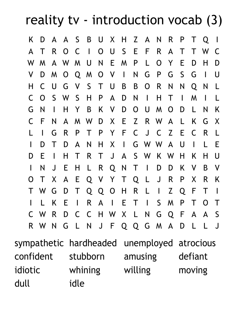 reality tv - introduction vocab (3) Word Search - WordMint