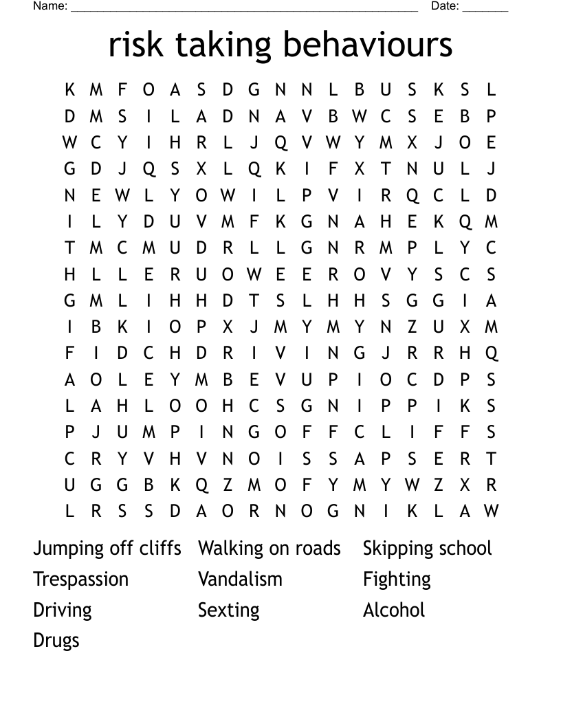 risk taking behaviours Word Search - WordMint