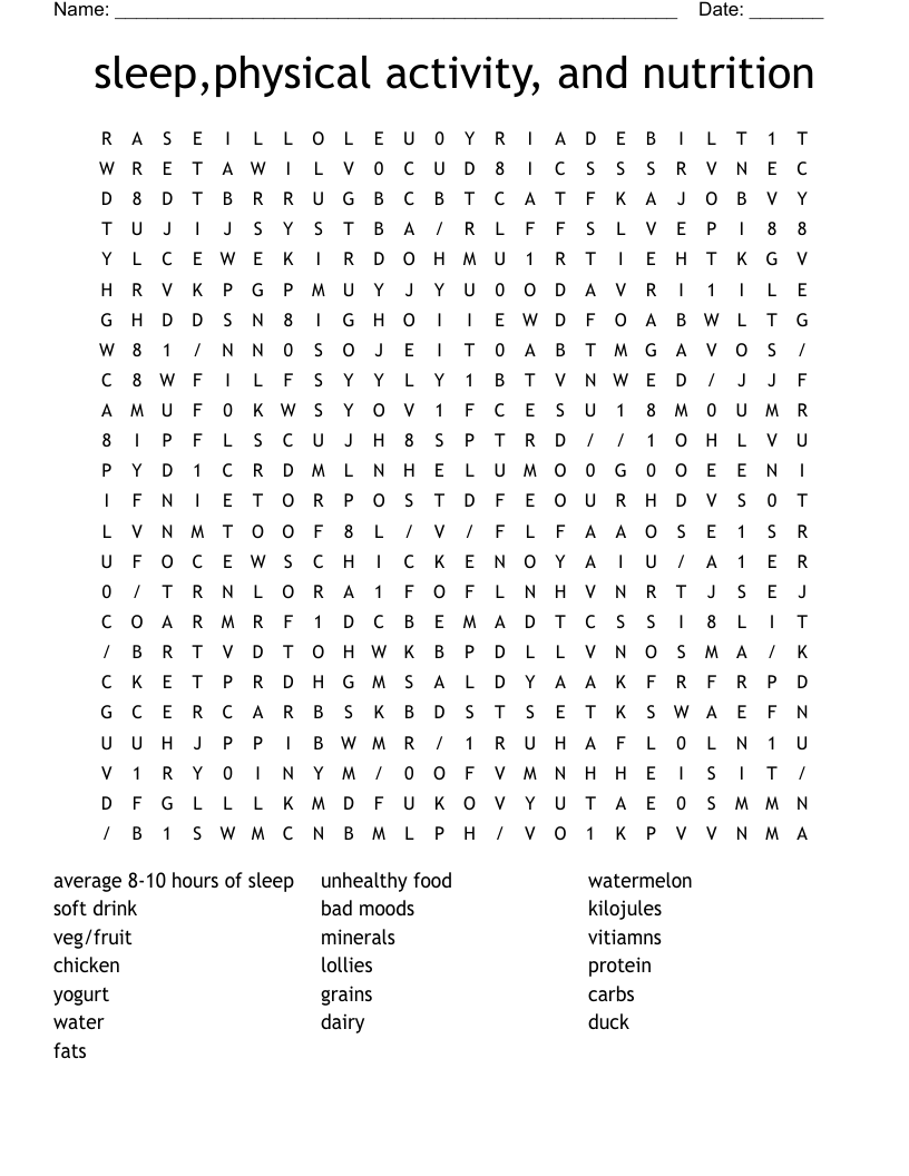 sleep,physical activity, and nutrition Word Search - WordMint