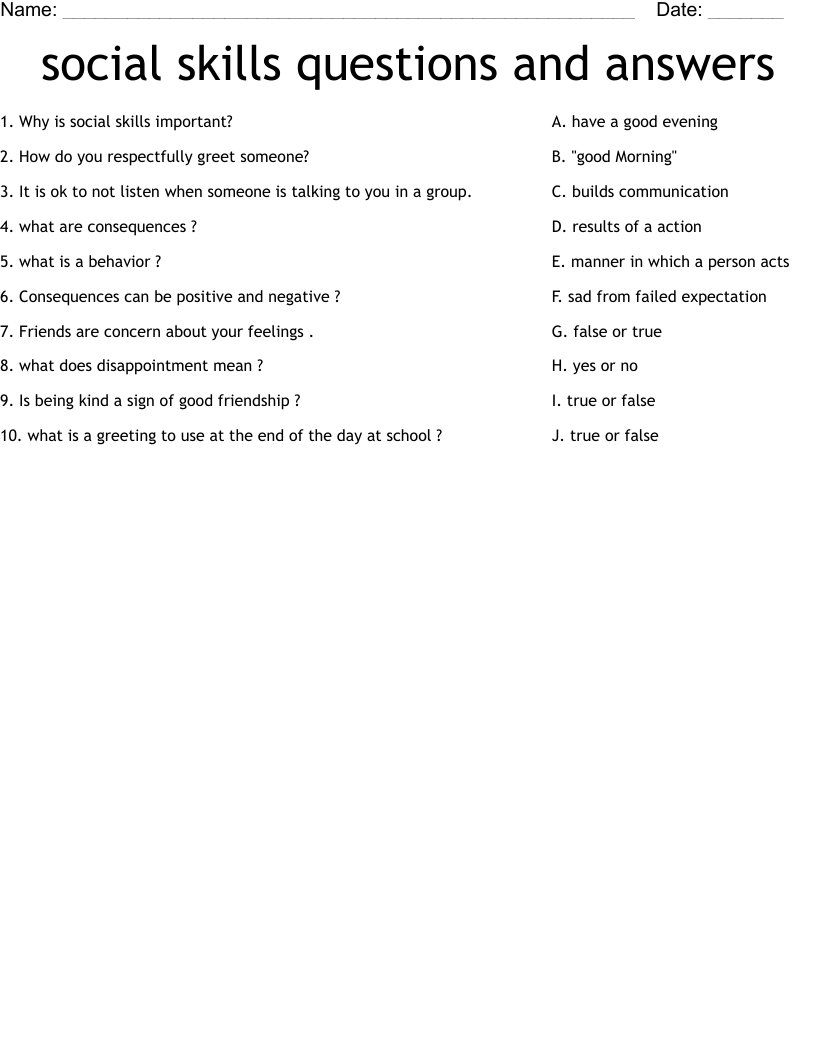Social Skills Questions And Answers Worksheet WordMint